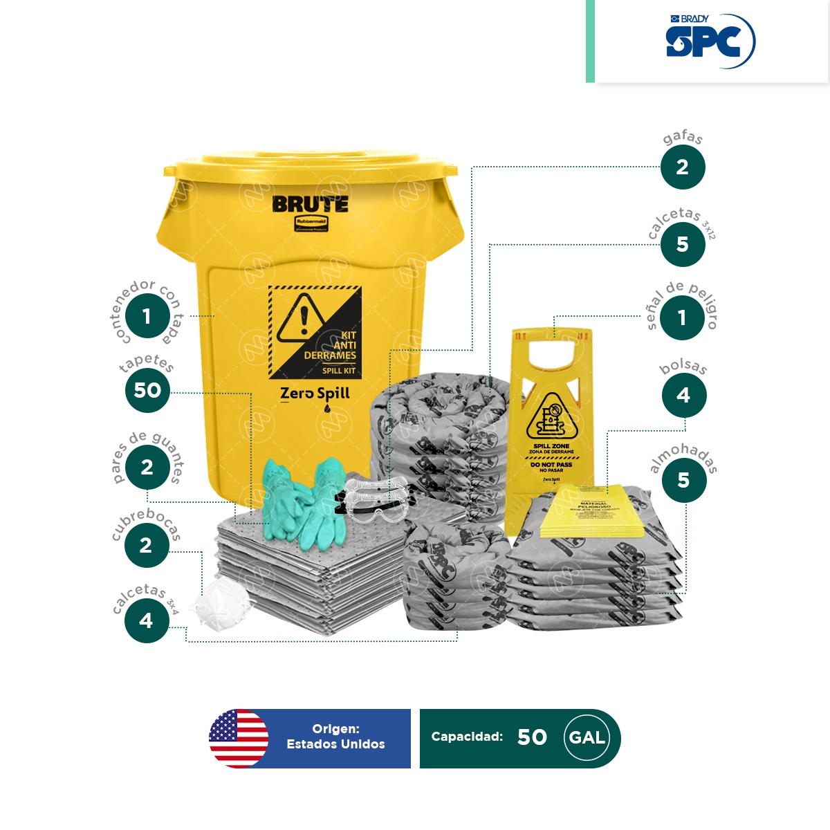Kit antiderrames universal SPC 50 Gal | absorción 42 Gal | Grupo Zuma